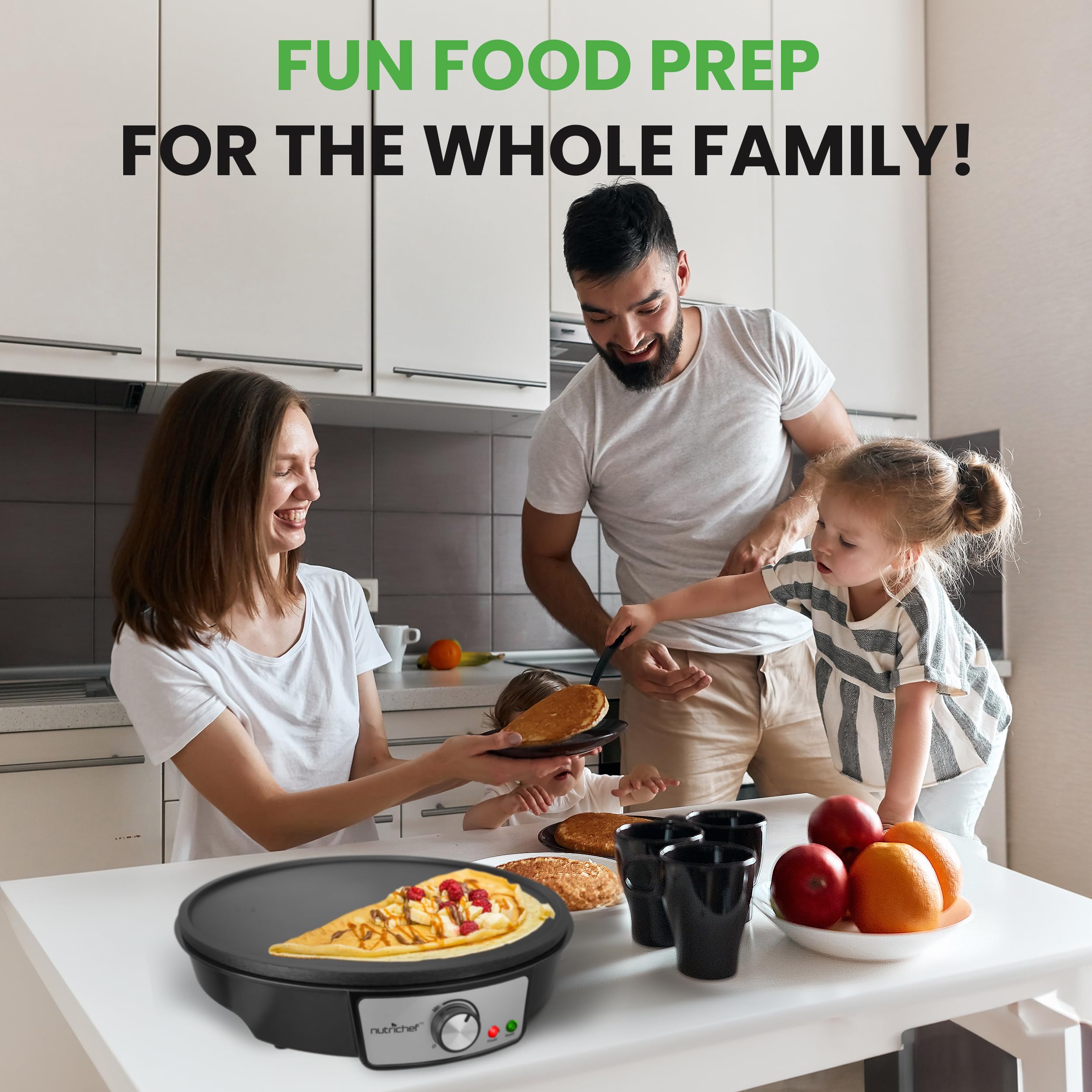 Electric Crepe Maker Pan & Griddle - 12 Inch Nonstick Cooktop - LED Indicators & Adjustable Temperature Control - Includes Spatula, Batter Spreader - Cooks Crepes, Roti & Pancakes