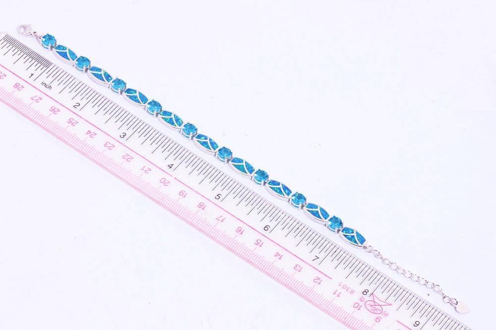 CiNily Created Blue Fire Opal Aquamarine Rhodium Plated for Women Jewelry Gems Chain Bracelet
