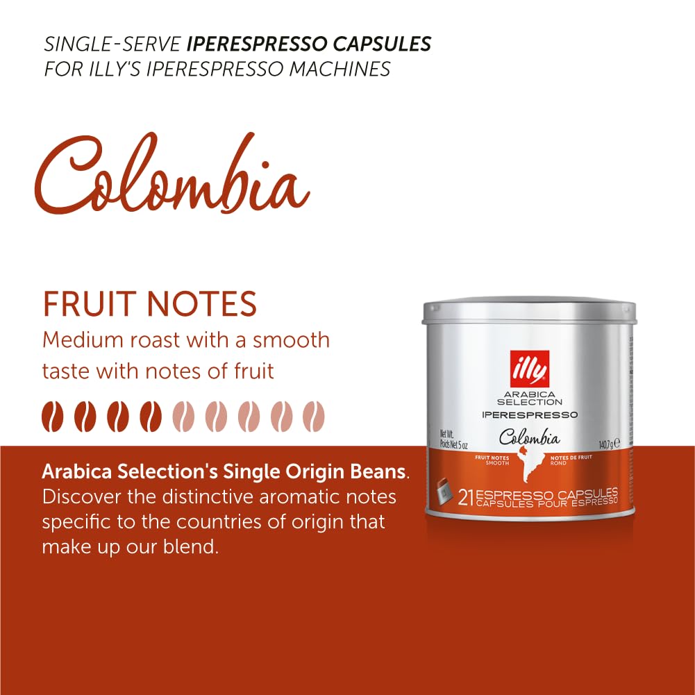 illy Coffee iperEspresso Capsules - Single-Serve Coffee Capsules & Pods - Single Origin Coffee Pods β Colombia Medium Roast with Notes of Fruit - For iperEspresso Capsule Machines β 21 Count