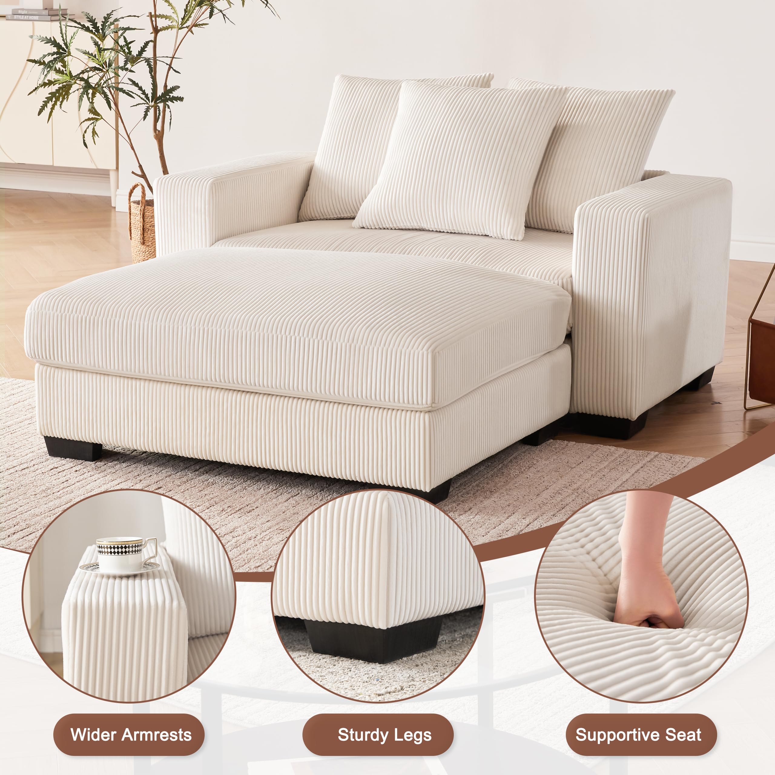 Howjoe 58.3" Comfy Deep Seat Oversized Chaise Lounge Indoor for Living Room, Solid Wood Sleeper Reclining Chair with Thickened Cushions Widened Armrests for Bedroom, Lounge Chair with Ottoman, Beige