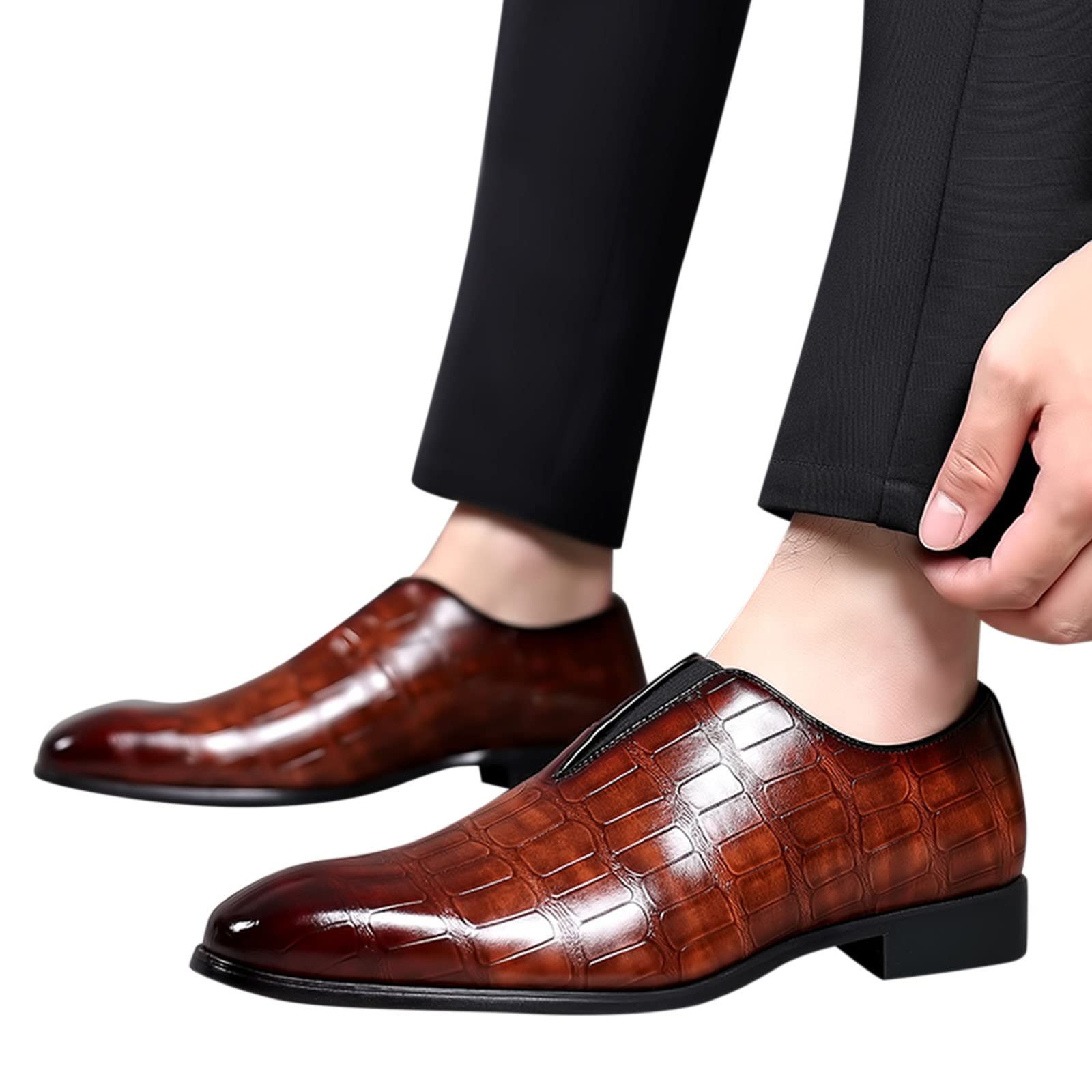 Classical Style Shoes for Men Slip On PU Leather Low Rubber Sole Block Heel Work Loafer Leather Shoes Men Brown