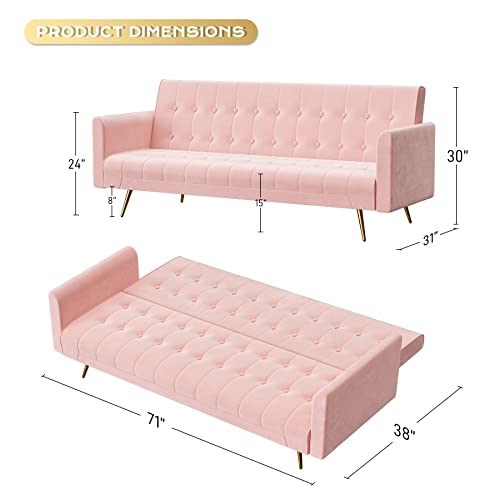 OUYESSIR Velvet Futon Sofa Bed with 2 Pillows, Convertible Futon Couch, Sturdy Sleeper Sofa in 71 inch, Small Futon Sofas (Pink)