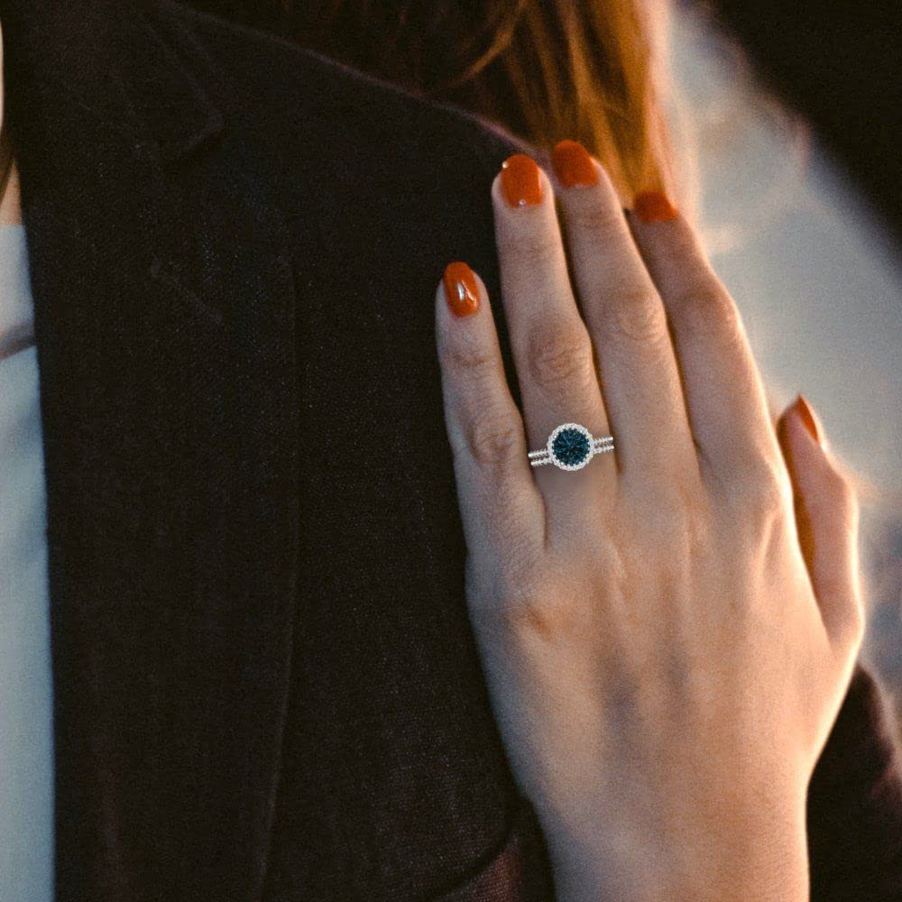 Clara Pucci 2.82ct Round Cut Halo Solitaire Real London Blue Topaz Designer Art Deco Statement Wedding Ring Band Set 18K White Gold 6.5