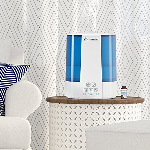 PureGuardian H5225WCA Ultrasonic Warm & Cool Mist Humidifier, 100 Hrs. Run Time, 2 Gal. Tank, 560 Sq. Ft. Coverage, Quiet, Filter Free, Silver Clean Treated Tank, Essential Oil Tray, White/Blue