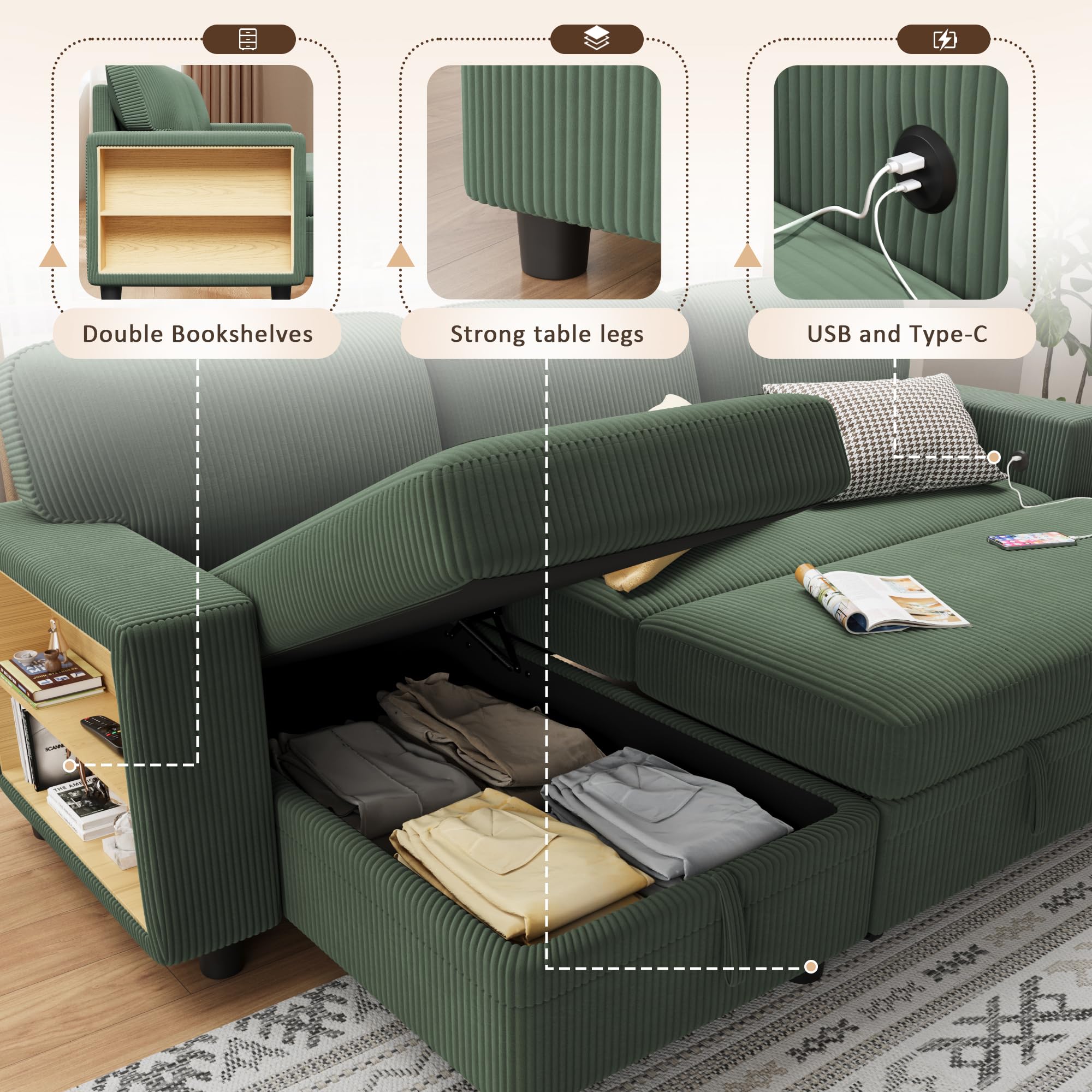 Flamaker 80" Sleeper Sofa, Sofa Bed with Built-in Large Storage and 2 Bookshelves, Convertible Sectional Sofa Couch, Pull Out Couch with USB, Modern Couches for Living Room (Corduroy, Green)