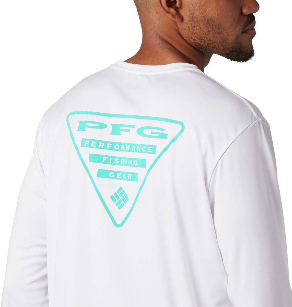 Columbia Men's Terminal Tackle PFG Triangle Long Sleeve Shirt, White/Bright Aqua Logo, X-Large