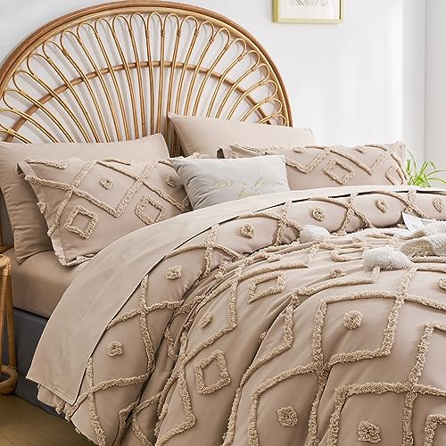 inron Khaki Queen Comforter Set Tufted Bed in a Bag Queen 7 Pieces,Geometry Shabby Chic Boho Comforter and Sheet Set.Jacquard Farmhouse Bedding for All Season(Khaki,90β*90β)