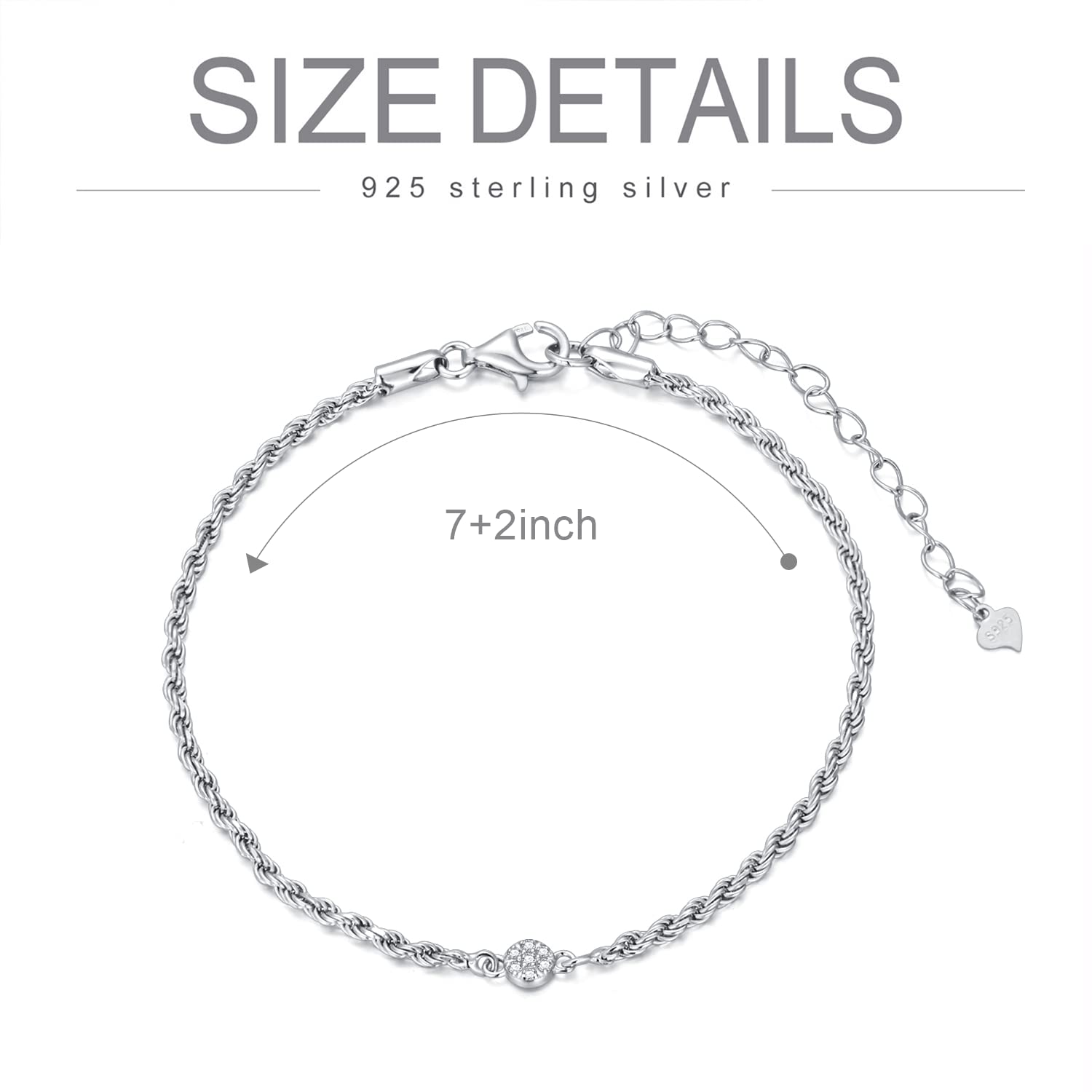 CTIEIP Sterling Silver 0.10 Cttw Real Diamond Bracelet,Rope Chain Station Bracelet for Women(I2-I3 Clarity)