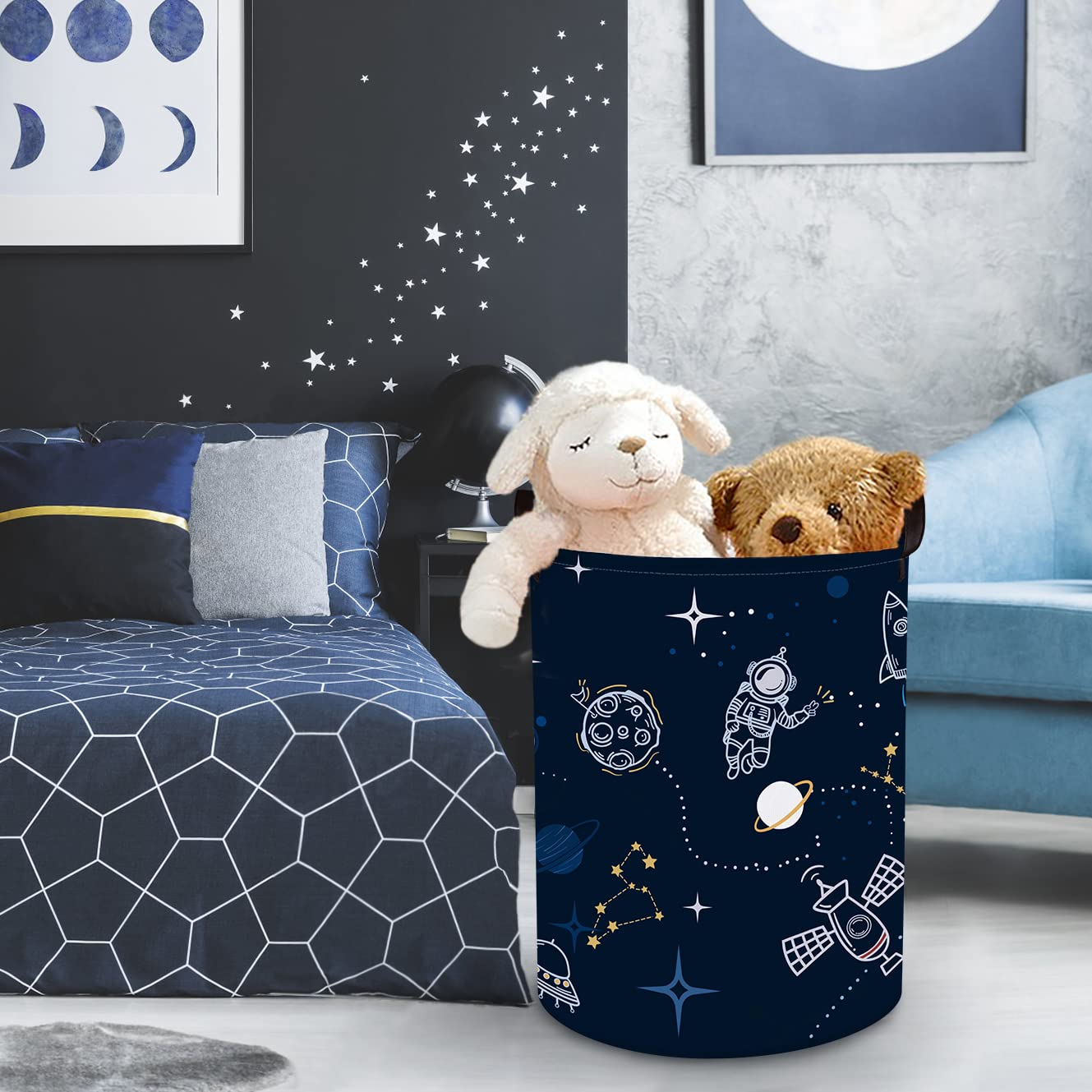 Clastyle 45L Spaceships Rocket Astronaut Nursery Hamper Outer Space Planet Clothes Toys Storage Basket with Drawstring