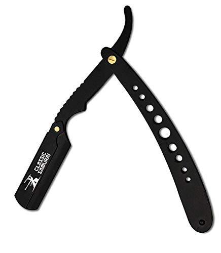 Classic Samurai New Ergonomic Design Stainless Steel Professional Folding Straight Edge Barber Razor Shavette Manual Shaver with 100 Shark Single Blades (Matte Black + 100 Shark Blades)