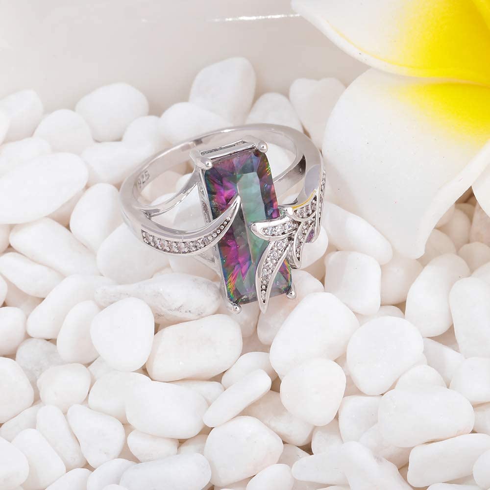 CiNily Womens Created Rainbow Topaz Rings White Gold Plated Jewelry Gifts Engagement Rings Size 7