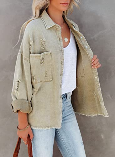 Necooer Women's Washed Denim Jacket Casual Long Boyfriend Distressed Vintage army green Jean Jacket Autumn Spring (Medium,C-ArmyGreen)