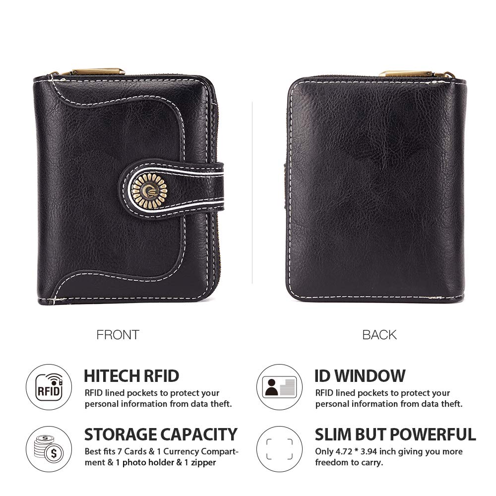 ZLON Small Wallets for Women RFID Blocking Genuine Leather Women Wallet with ID Window (Black)