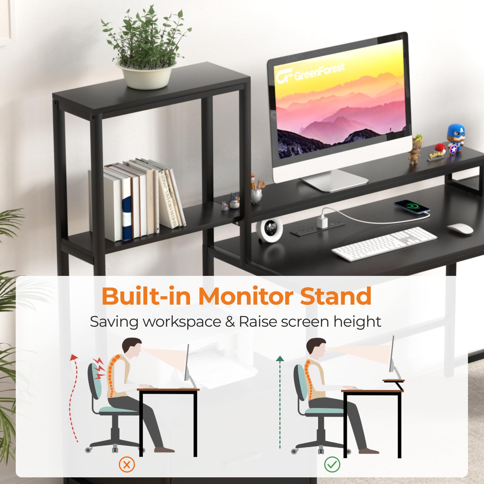 GreenForest 70" L Shaped Desk with Power Outlets & Printer Shelf,Reversible Computer Desk with Drawer & Monitor Stand,Home Office Gaming Desk with Storage Space,Black