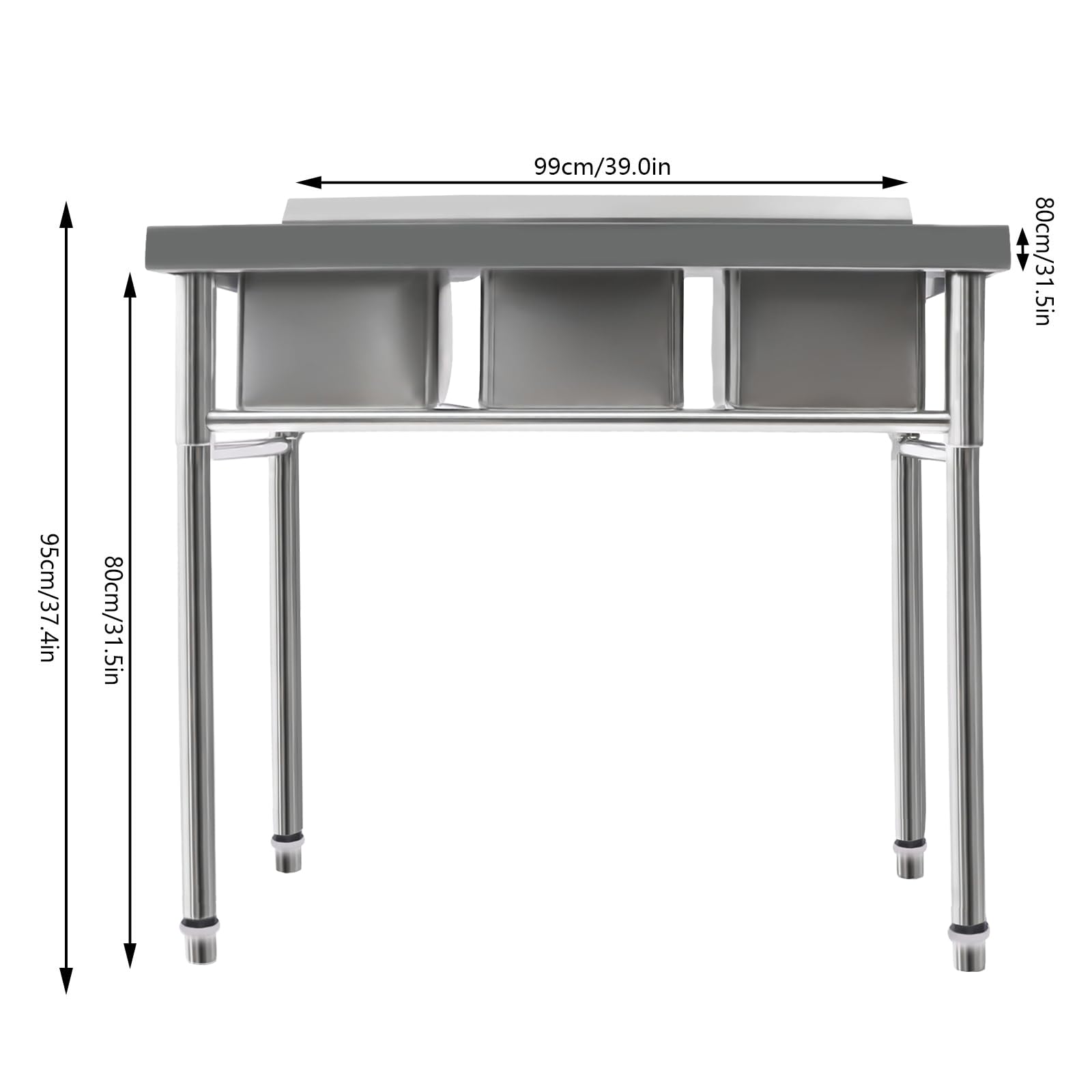 Florchest Standing Three Bowl Kitchen Sink Set, 3 Compartment Commercial Kitchen Sink Stainless Steel/Garage Prep & Utility Sink for Restaurants Kitchen, Laundry Room,Outdoor