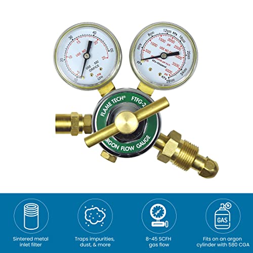 Flame Tech Flow Gauge Argon Regulator, Easy to Read 2β Dual-Scale Gauges, Ideal Welding Tool, Sturdy Construction, Comes Packaged in a Black Box, Tested in The USA