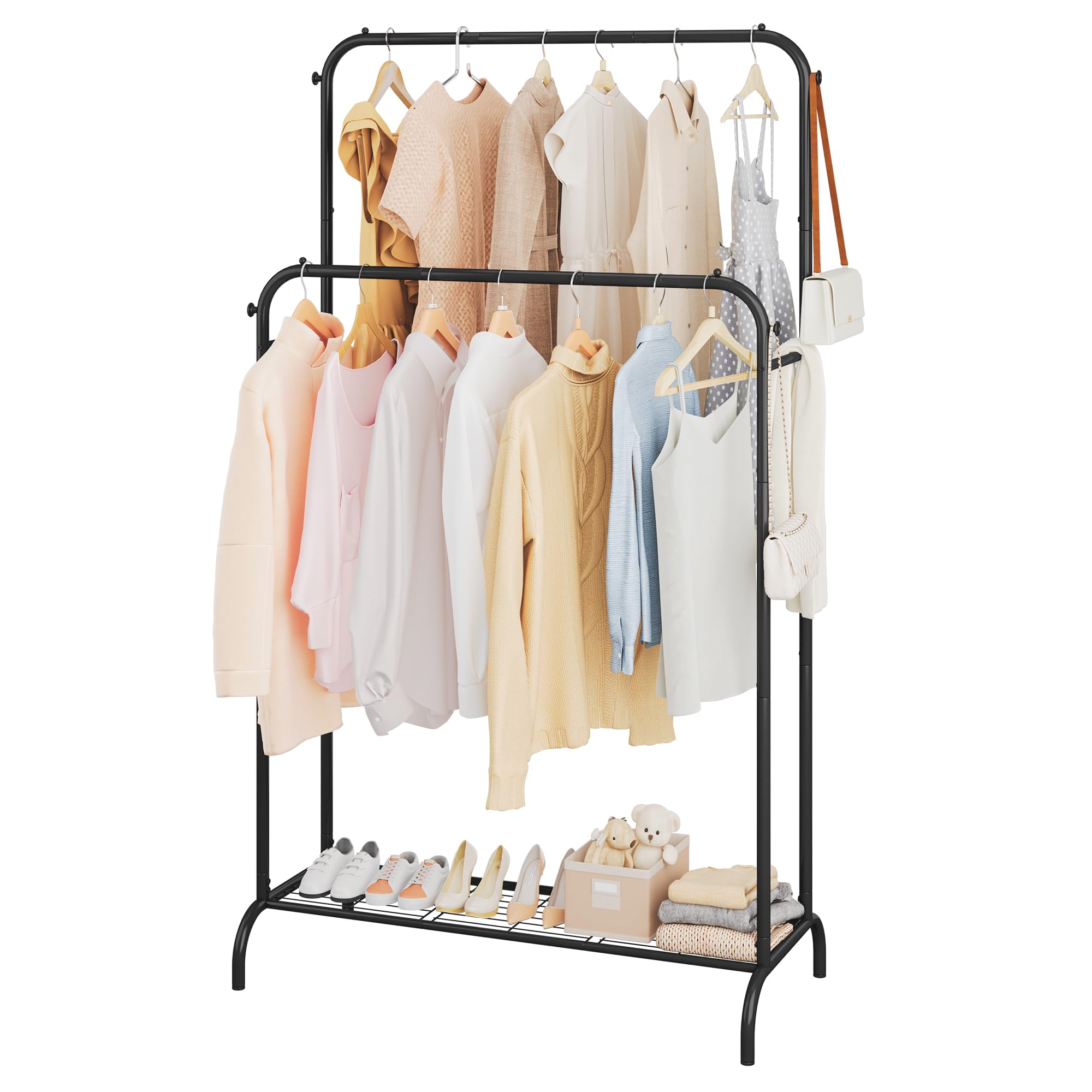Hzuaneri Clothes Rack, Double Rods Garment Rack with Storage Shelf, Clothing Rack for Hanging Clothes, Metal Frame Clothes Organizer for Bedroom, Living Room, Black GR34099B