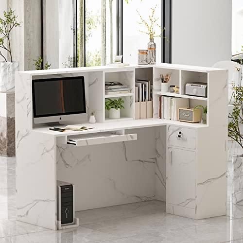 Homsee Reception Desk L-Shaped Office Desk with Counter, 1 Door Storage Cabinet, 1 Lockable Drawer, Hutch Shelf and Keyboard Tray (White Marble)