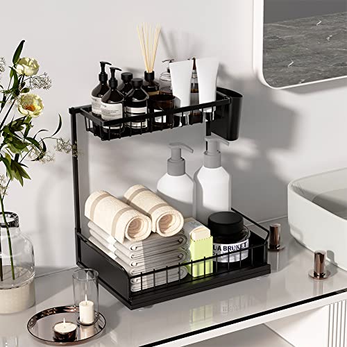 Gracenal Under Sink Organizer, Kitchen Organizers and Storage 1 Pack & Ribbed Glass Cups with Straws 12oz, Drinking Glasses Set of 4