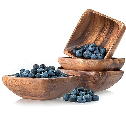 cintika Set of 4 Square Wooden Bowls. 4 inch Handmade Calabash Bowl, Small Wooden Bowl Set, Nuts and Small Snacks Serving Bowls, Sauce Bowl, Dipping Bowl 4x1