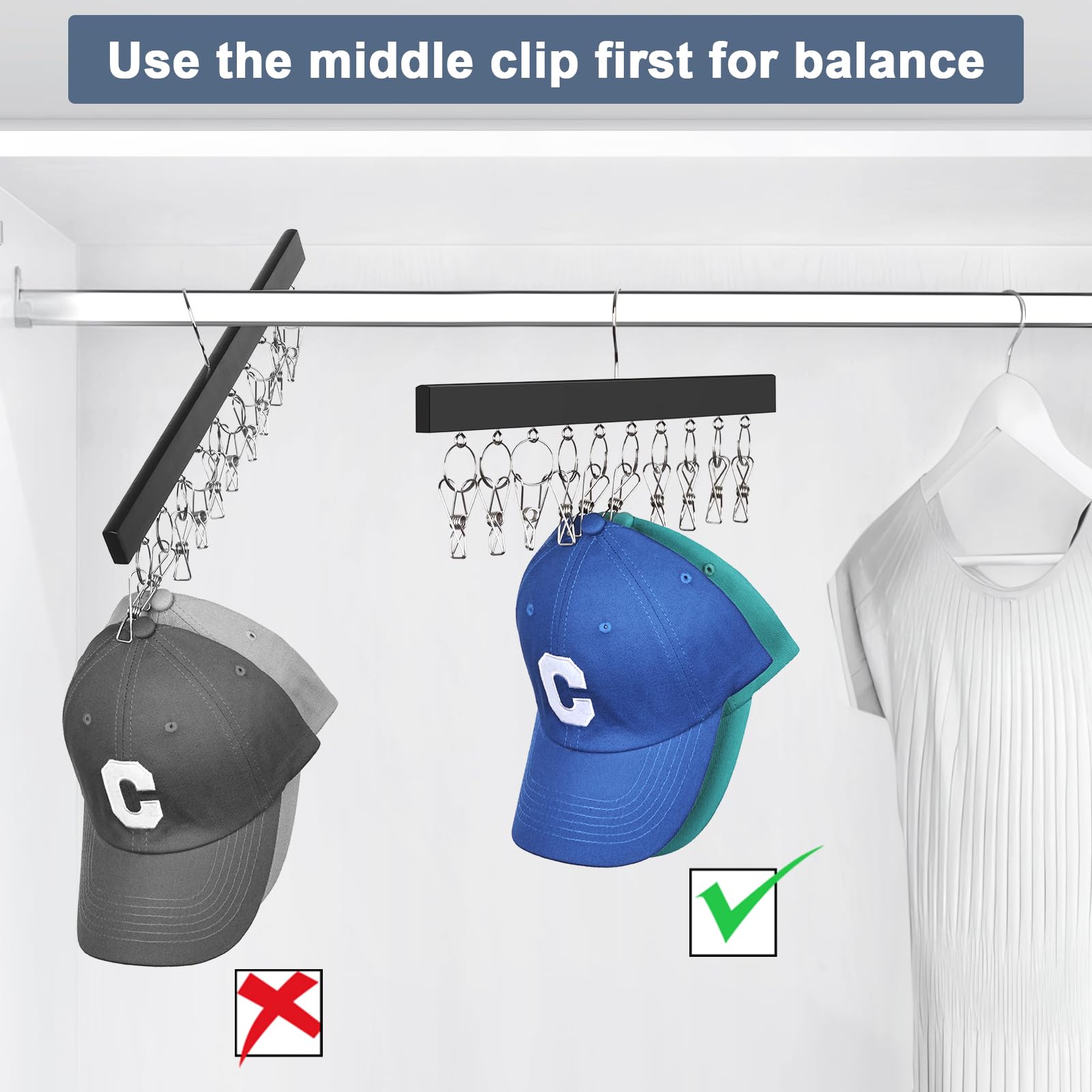 RESOVO 2 Pack Hat Organizer for Baseball Caps, Hat Hanger Space Saving with 10 Clips Ball Caps Rack Holder for Closet - Closet Organizer and Storage Solution Fits All Caps for Men Women -Black