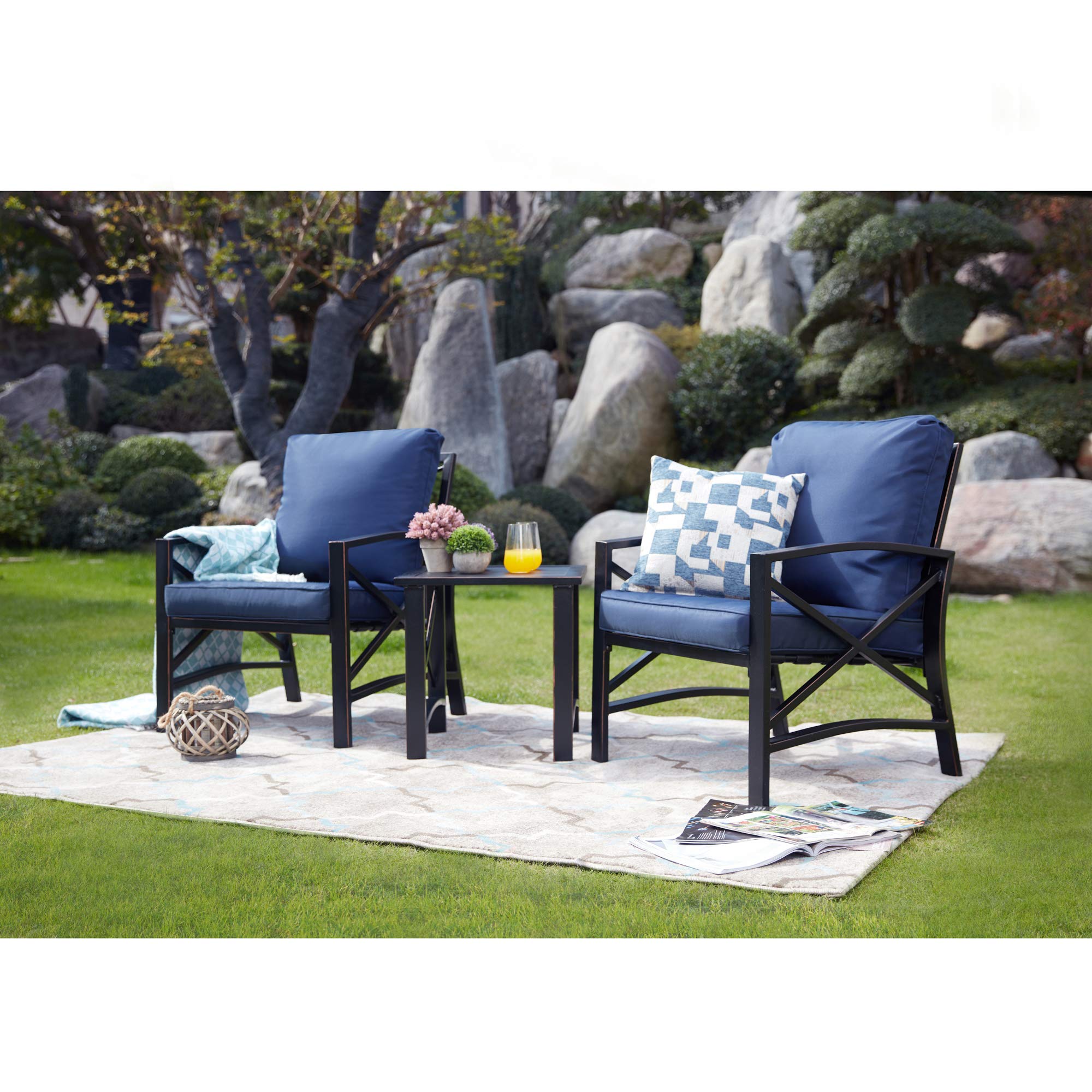 LOKATSE HOME 3 Piece Outdoor Patio Chairs Set with Table, Bistro Furniture Metal with Cushions, Blue