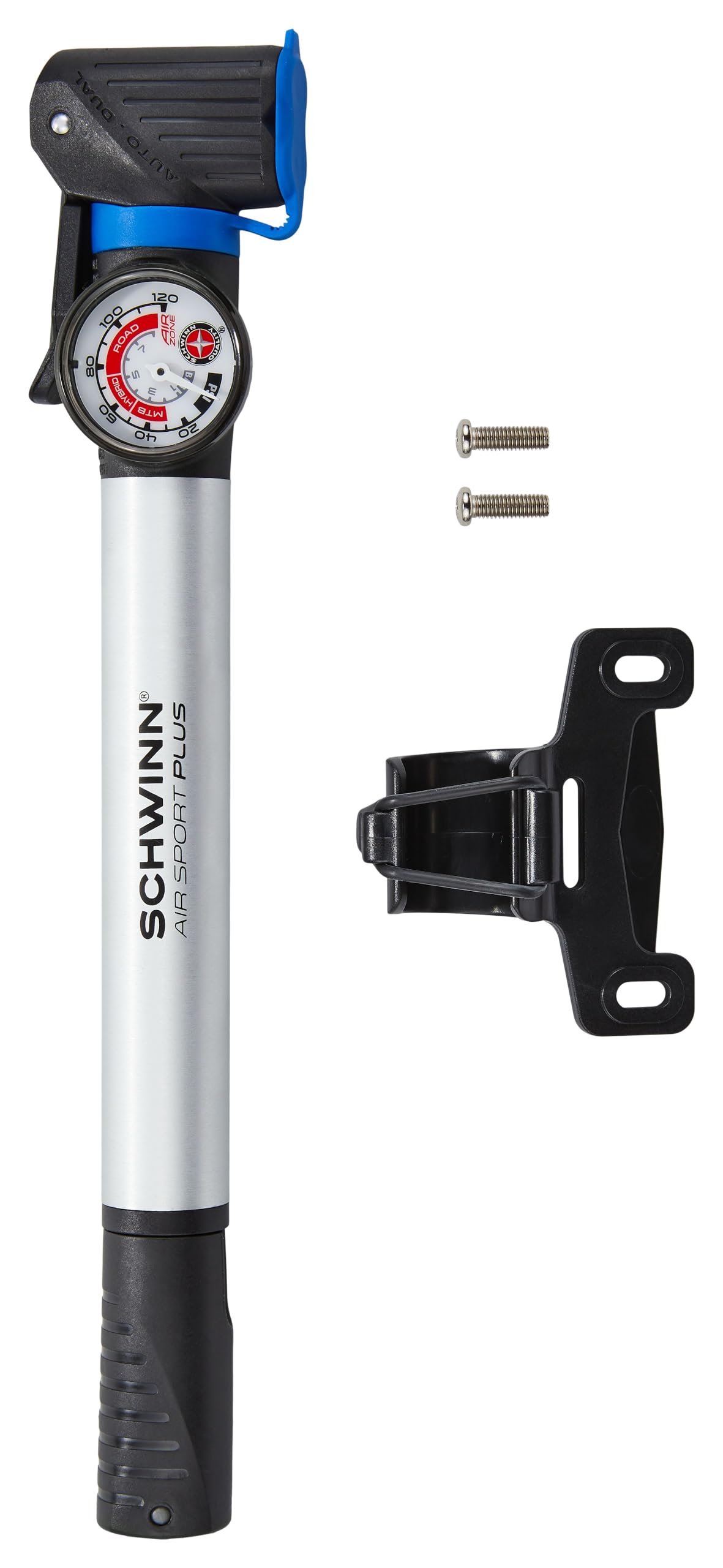 Schwinn Air Sport Plus, Bike Frame Hand Pump with Rotating Pump Head, Pressure Gauge, Pumps 120 Max PSI, Dual Head Fits Schrader and Presta Valve Types, Silver