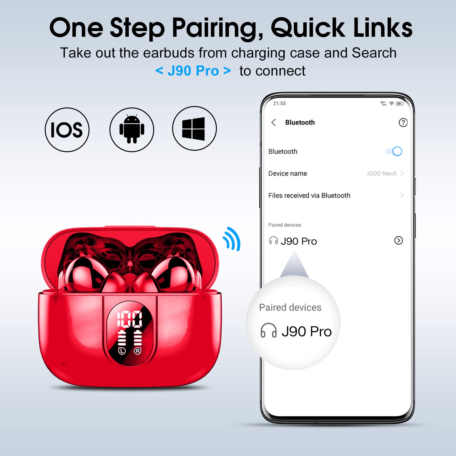 Csasan Red Wireless Earbuds, 2023 Bluetooth 5.3 Headphones HiFi Stereo, 40H Playtime in-Ear Earbud, Bluetooth Earbuds with LED Power Display, IP7 Waterproof Wireless Earphones Sport Headset
