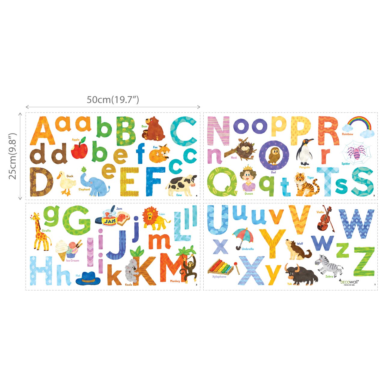 DECOWALL DS8-1608 Watercolour Animal Alphabet ABC Kids Wall Stickers Decals Peel and Stick Removable for Nursery Bedroom Living Room Art murals Decorations