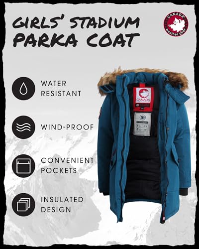 CANADA WEATHER GEAR Girls' Winter Jacket - Stadium Expedition Parka Coat, Fur Trim Hood, Size 10-12, Peacock