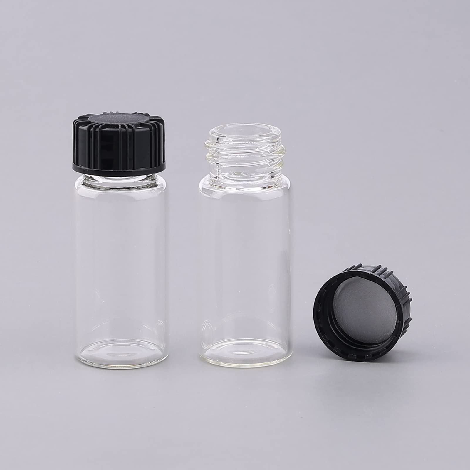 Csfglassbottles Pack of 50 10ml Clear Glass Bottles Vial Clear Liquid Sampling Sample Screw Cap Empty Lab Vials Black Plastic Cap