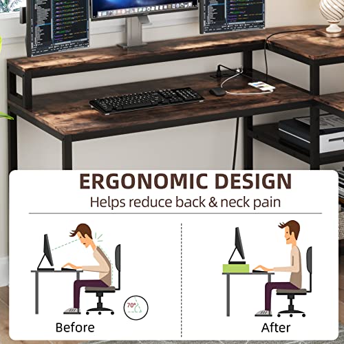 TIYASE L Shaped Desk with Power Outlet and USB Port, 59 in L-Shaped Computer Corner Desk with Storage Shelves, Home Office Desk Workstation with Monitor Stand, Tower Shelf, Rustic Brown