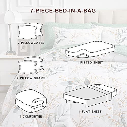 Joyreap 7 Piece Bed in a Bag Queen, Green Leaves Printed on White Botanical Design, Microfiber Comforter Set for All Season (1 Comforter, 2 Pillow Shams, 1 Flat Sheet, 1 Fitted Sheet, 2 Pillowcases)