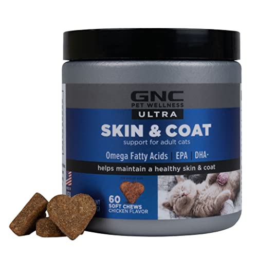 GNC Pets Ultra Skin & Coat Soft Chews, Cats, Chicken Flavor. 60-ct in an 8-oz Canister | Skin and Coat Supplements for Cats in Chewable Chicken Flavor