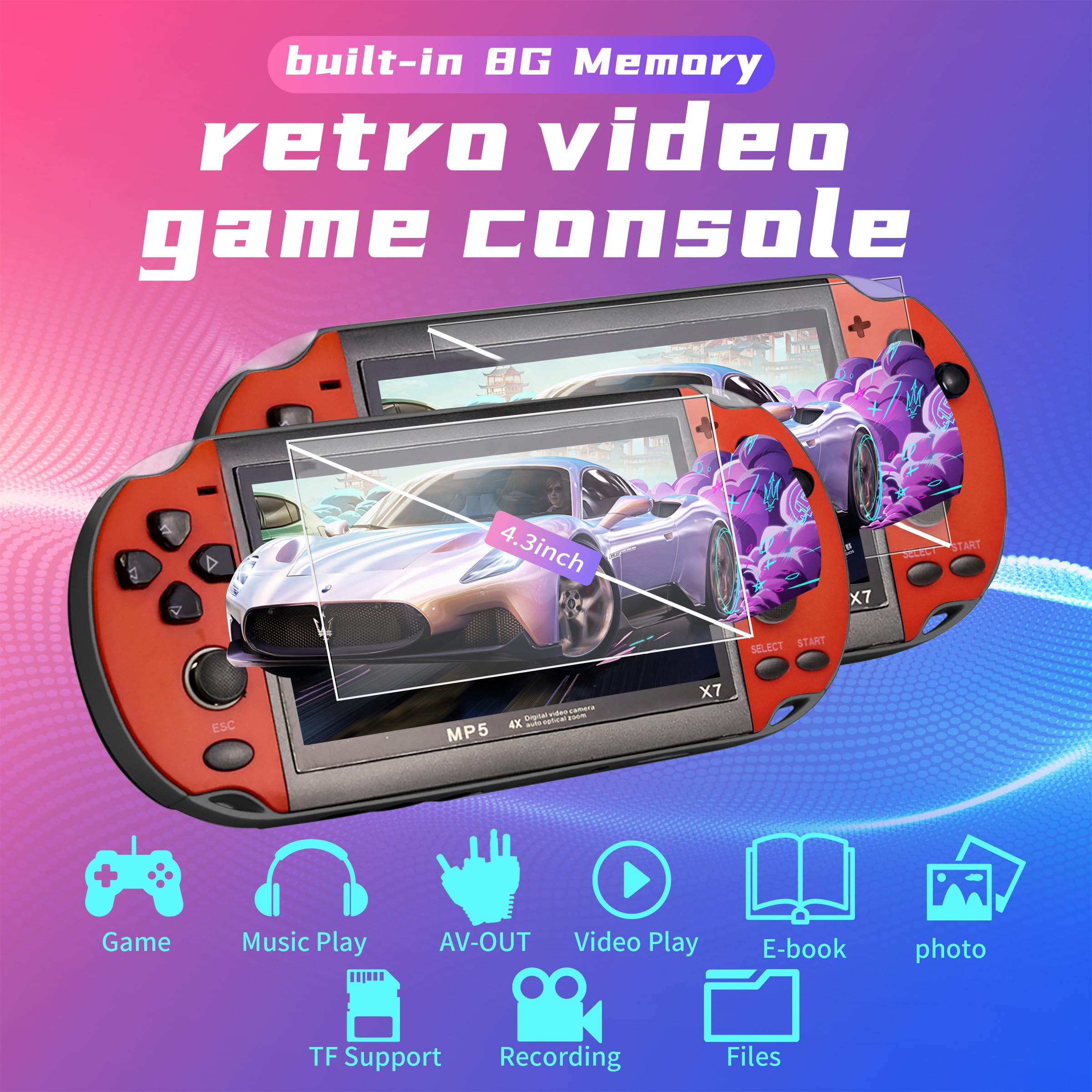 ZWYING Handheld Game Consoles Double Rocker 8GB 4.3 Inch Screen 1000 Classic Game, Support Video & Music Playing, Built-in 3 Million megapixel Camera Birthday and New Year’s Best Gift for Kids (Red)
