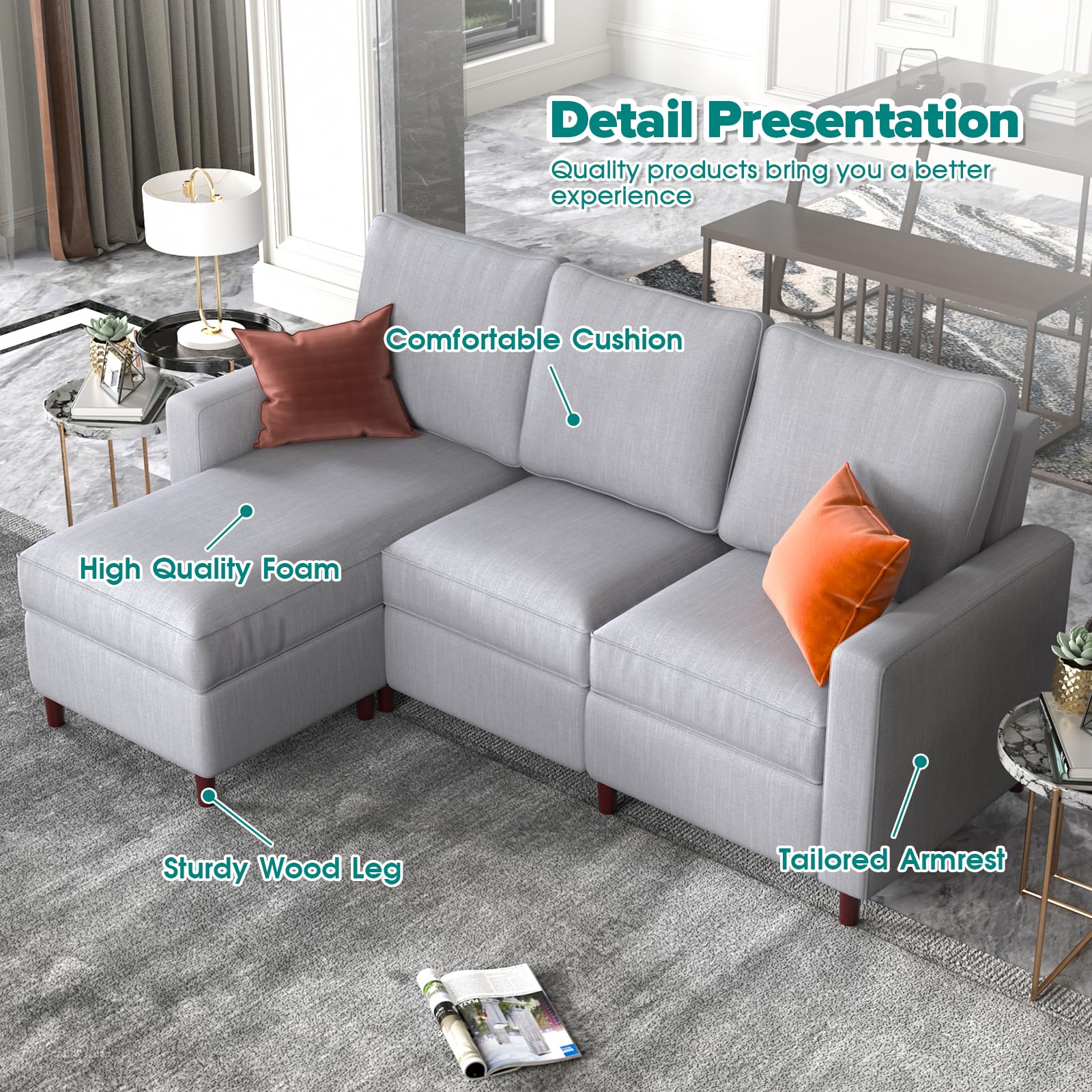 GinguoHome Convertible Sectional Sofa Couch, 3 Seat L-Shaped Sofa with Linen Fabric, Movable Ottoman Small Couch for Small Apartments, Living Room and Office (Grey)