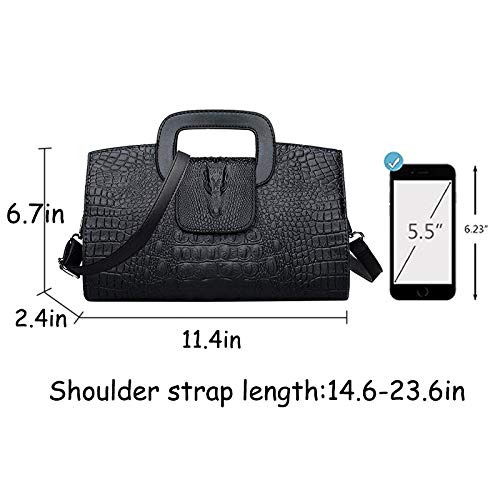 CLARA Women Crocodile Embossed Handbag Vintage Flap Tote Purse Evening Clutch Shoulder Bag Black