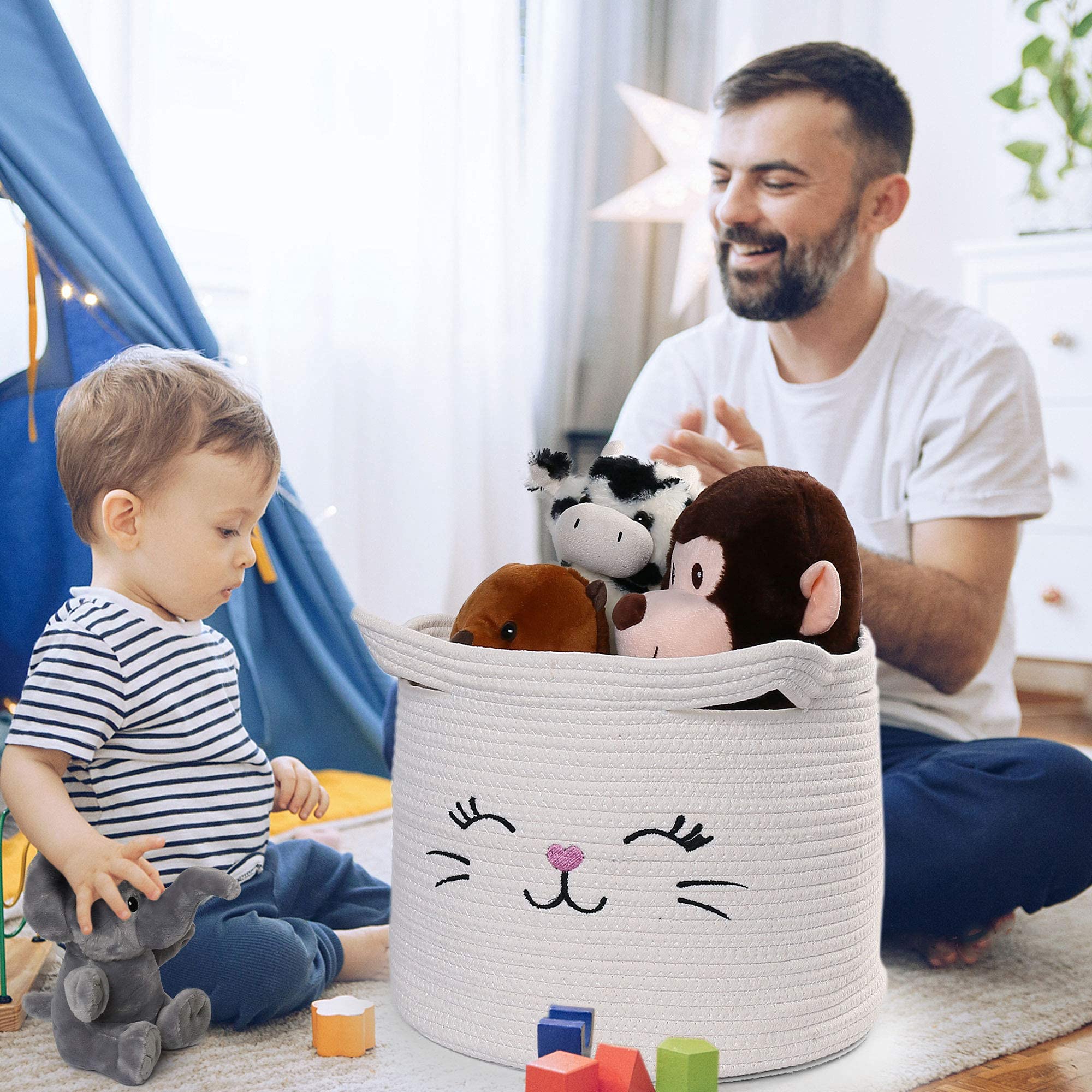 LotFancy Dinosaur Basket for Boys, Cotton Rope Storage Basket for Kids, with Handles, Pets Cats Dogs Toy Holder Container, 15.7x13'' H Cute Animal Laundry Hamper