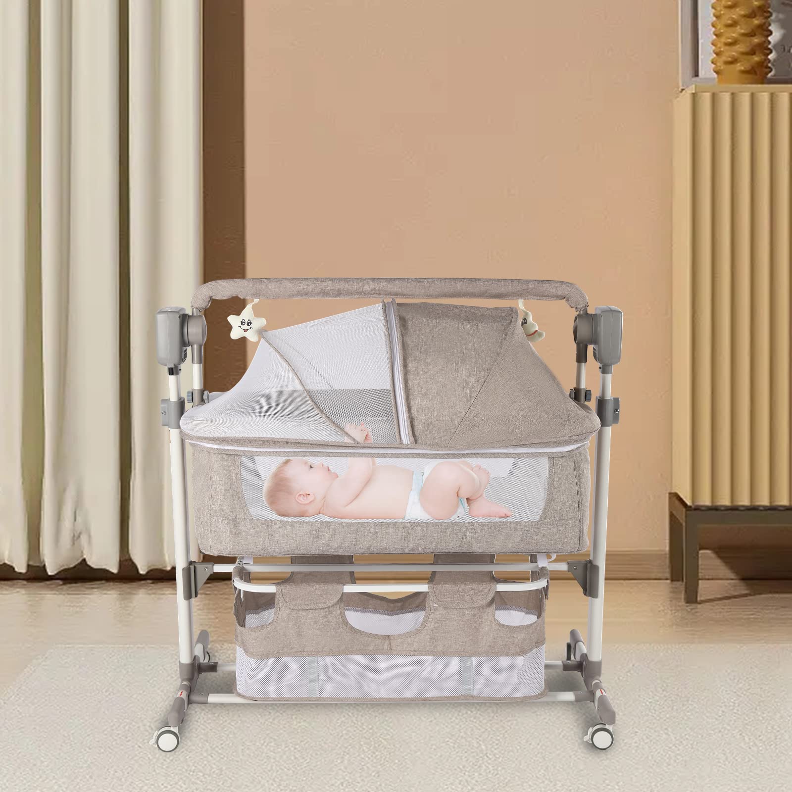 CNCEST Smart Electric Baby Bassinet Bedside Sleeper,Music Play,Automatic Cradle with 3 Speed Timing,5 Speed Wobbling,Portable Baby Bed Height Adjustable Crib,Nets+Mattresses