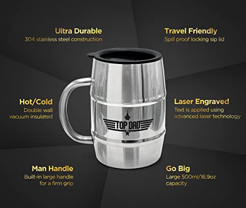 GALVANOX Gift Mug for Dad, Stainless Steel TOP DAD Barrel Cup with Handle and Sip Lid (Hot n' Cold) Double Wall Insulation for Beer & Coffee, 17oz (Gift Boxed for Christmas/Fathers Day)