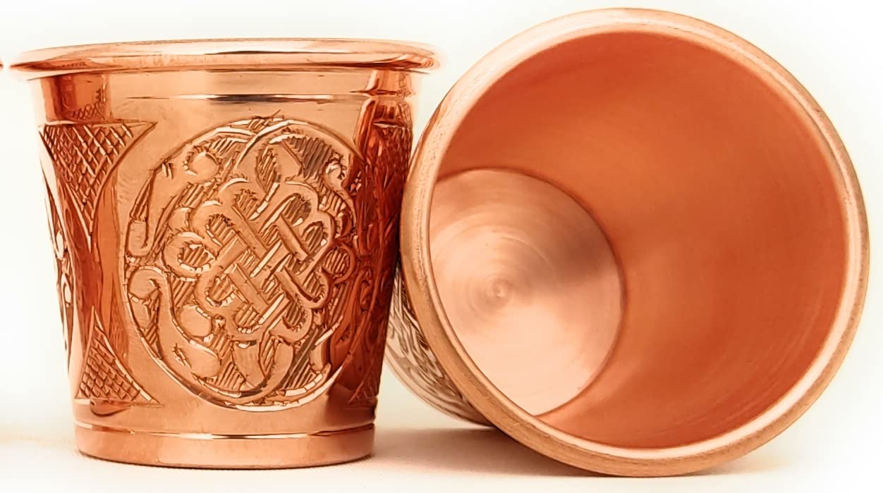 DEDE Copper - 2023 CC Series 2 oz (Set of 2) Tequila/Vodka Shot Glasses, Mini Moscow Mule Cup, Handmade Unlined Uncoated Thickest Pure Solid Copper mini Tumblers for Cocktails (Engraved Art)