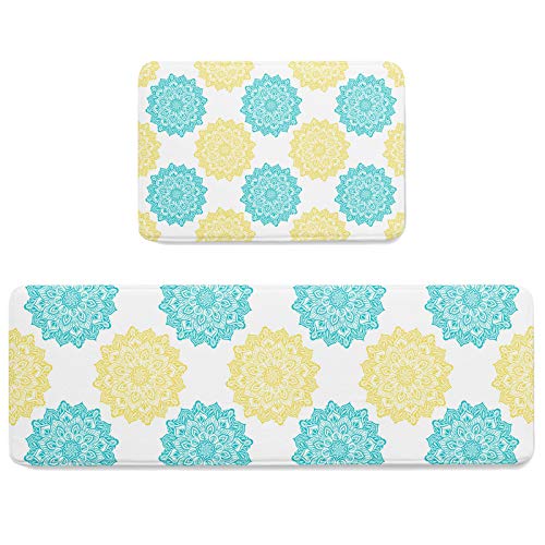 CyCoShower Kitchen Mat Kitchen Floor Mat, Cushioned Anti-Fatigue Kitchen Rug,Mandala Pattern Aqua Yellow Texture 2 PCS Kitchen Rugs Non-Slip Standing Rug Set Comfort Floor Mats