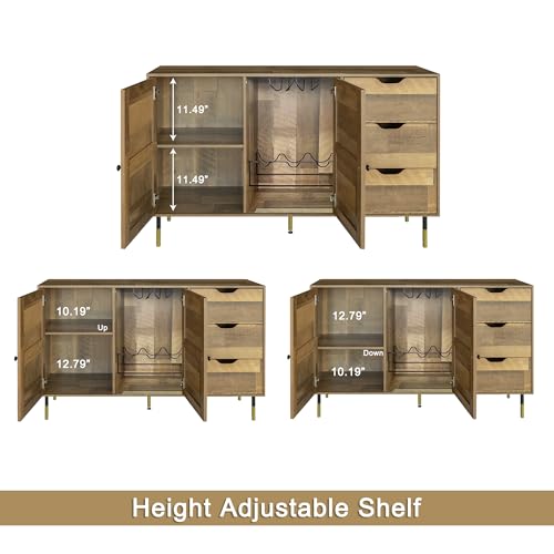 GIA Home Furniture Series Boho Rattan Sideboard with 2 Door &3 Drawers,Buffet Storage Cabinets with Adjustable Shelving and Wine Rack for Living & Dining Room,Black Metal Frame, Oak Finish