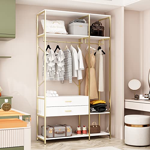 Homsee Extra Tall Clothes Rack, Heavy Duty Closet Garment Rack with Shelves and Drawers, Freestanding Metal Closet Organizer Wardrobe with Hanging Rods for Hanging Clothes, White & Gold