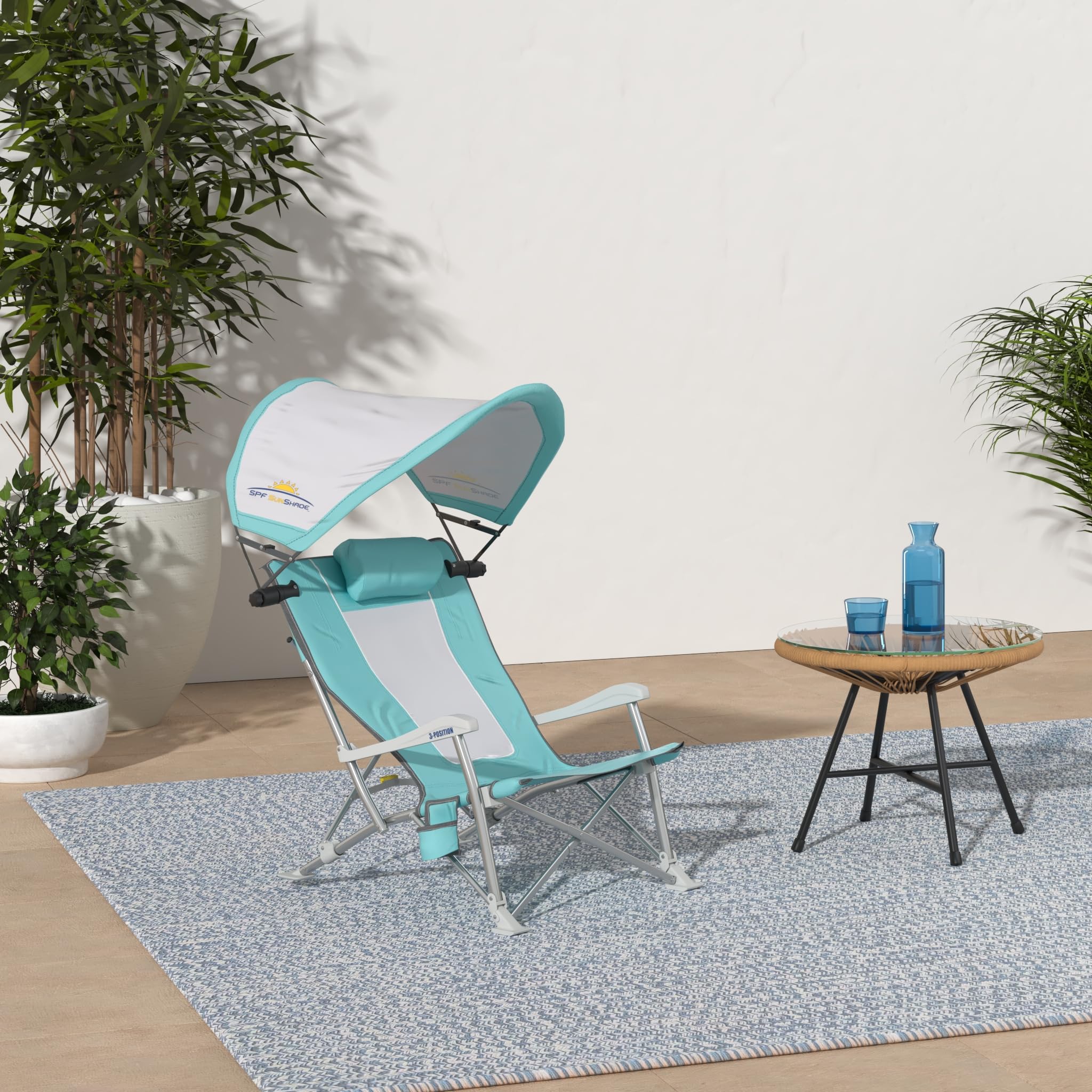 GCI Outdoor Sunshade Recliner Beach Chair | Collapsible Folding Canopy Shade Chair with Durable Armrests, Drink Holder & Portable Carry Bag, Perfect for Beach Trips & Picnics β Seafoam Green