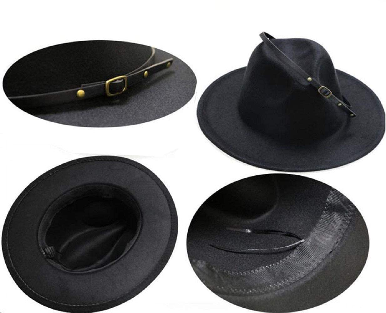 Classic Felt-Fedora Hat with Belt Buckle Women Wide Brim Wool Panama-Hat Adjustable(Size:S-M)