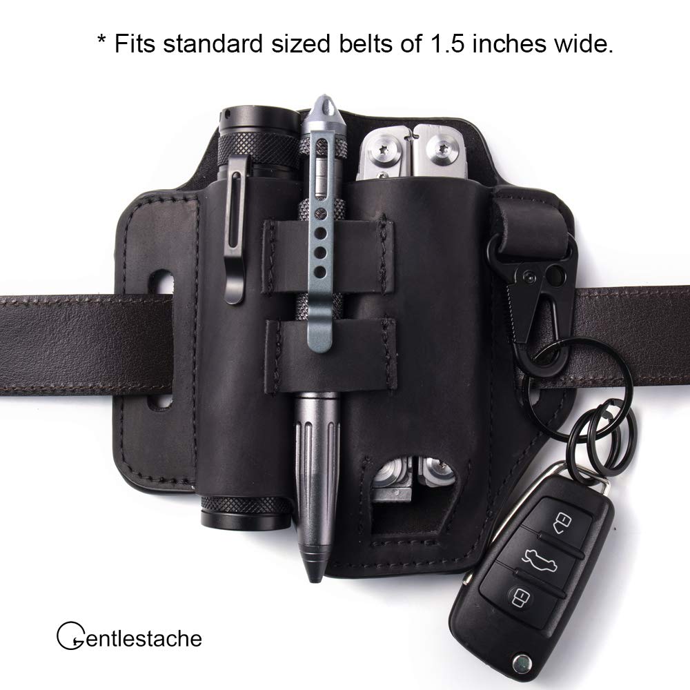 Gentlestache Belt Sheath, Practical EDC Leather Belt Organizer with Multitool Pouch, Flashlight/Pen Holder and Keychain Clip for Men Black