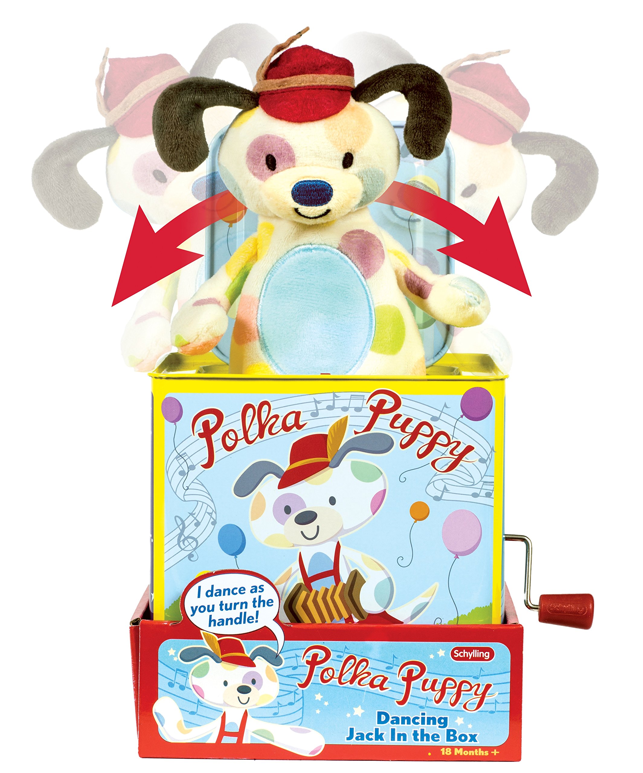 Schylling Polka Puppy Jack in the Box - Classic Children's Musical Toy that Dances - Colorful Embossed Tin Box and Lovable Puppy Plush - Age 18 months and Up