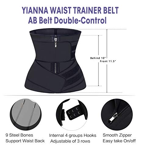 YIANNA Latex Waist Trainer for Women Tummy Control Jsculpt Double Sweat Trimmer Belt Workout Training Sport Girdle, YA2223-Black-XS