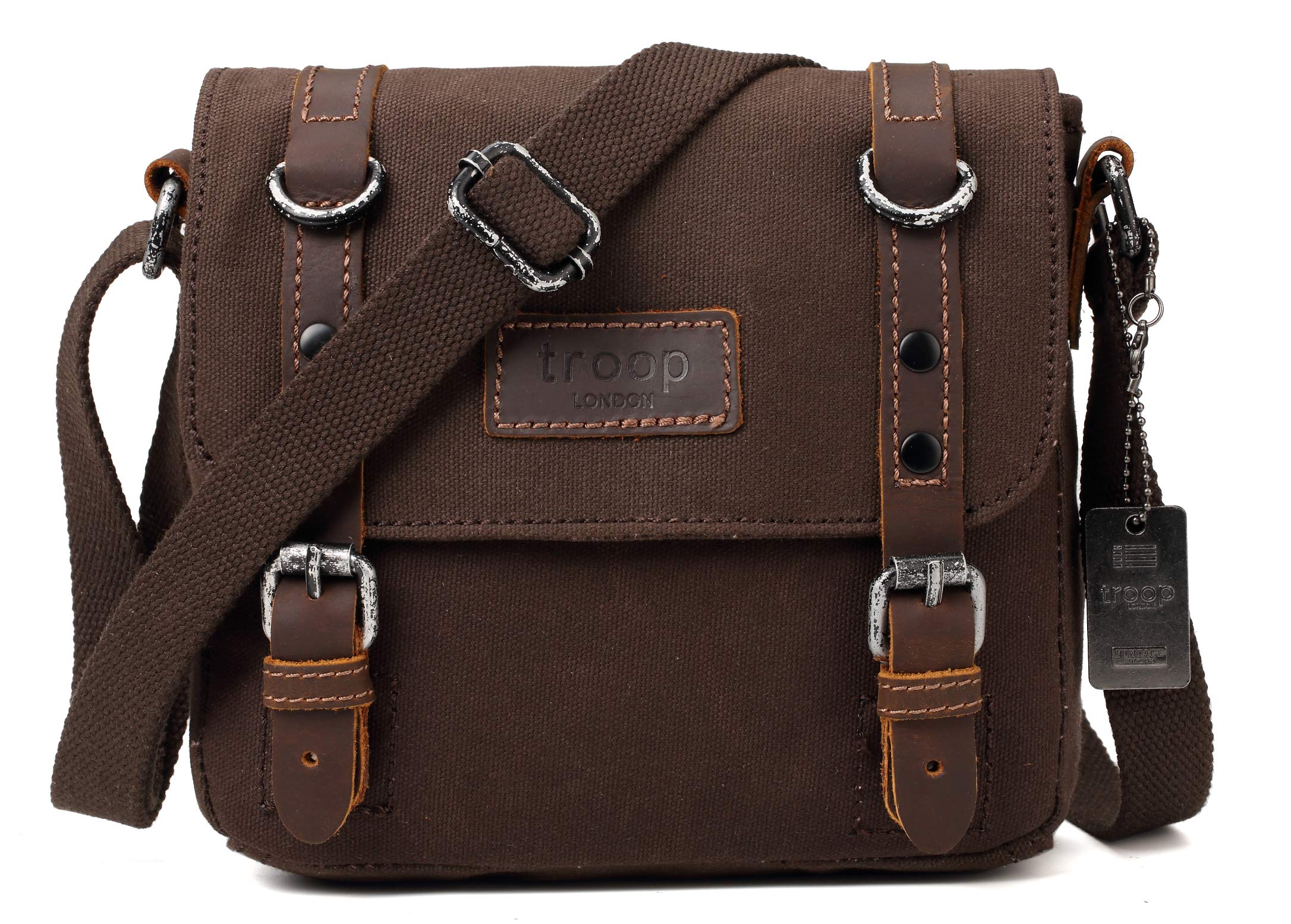 Troop London Heritage Canvas Leather Shoulder Bag, Across Body Bag, Smart Small Travel Bag TRP0428(Dark Brown)